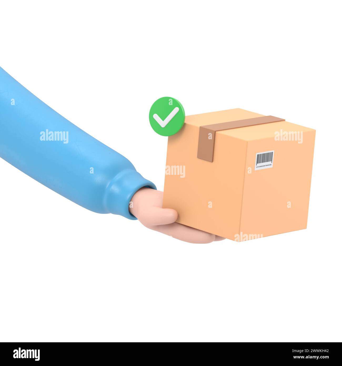 3D Hand holding parcel with check mark. Delivery of order in cardboard ...