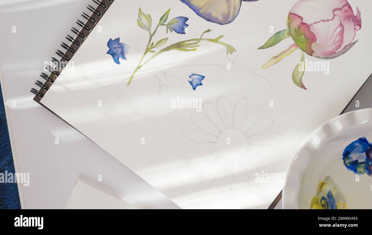 Watercolor painting. Watercolor sketch of flowers, close-up view from ...