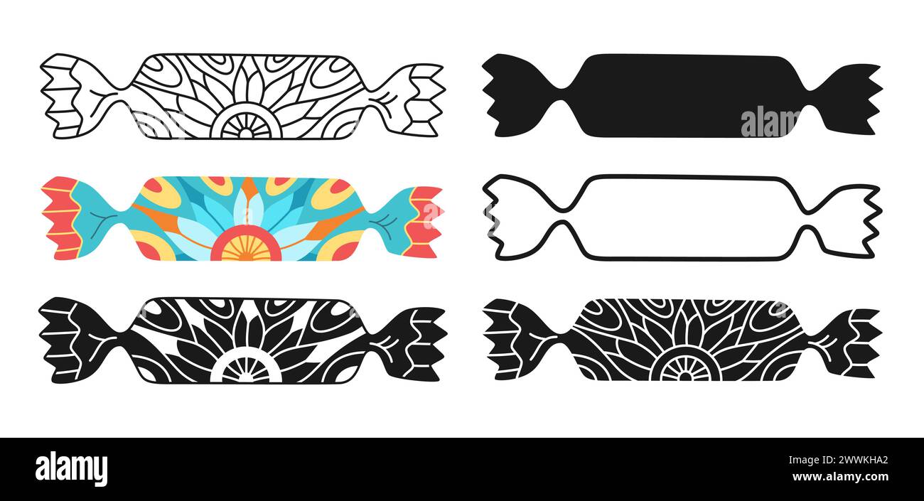 Wrapped candy with doodle ornament. Cartoon symbol bonbon, stamp ...