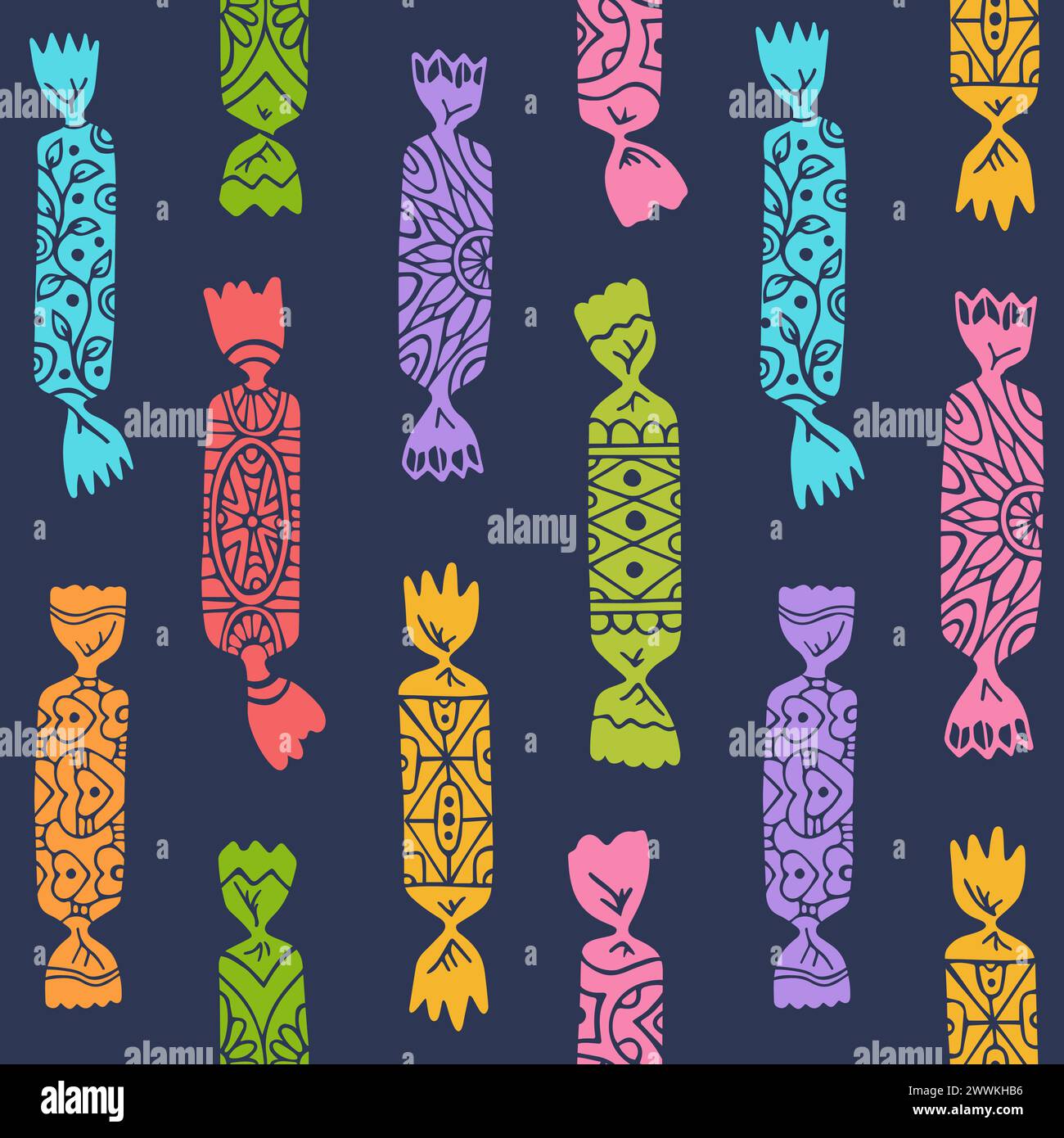 Wrapped candy seamless pattern. Caramel bonbon lollipop with doodle ...