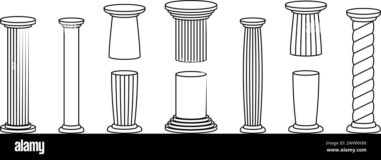 Set of linear greek columns and parts. Outline surreal column shape ...