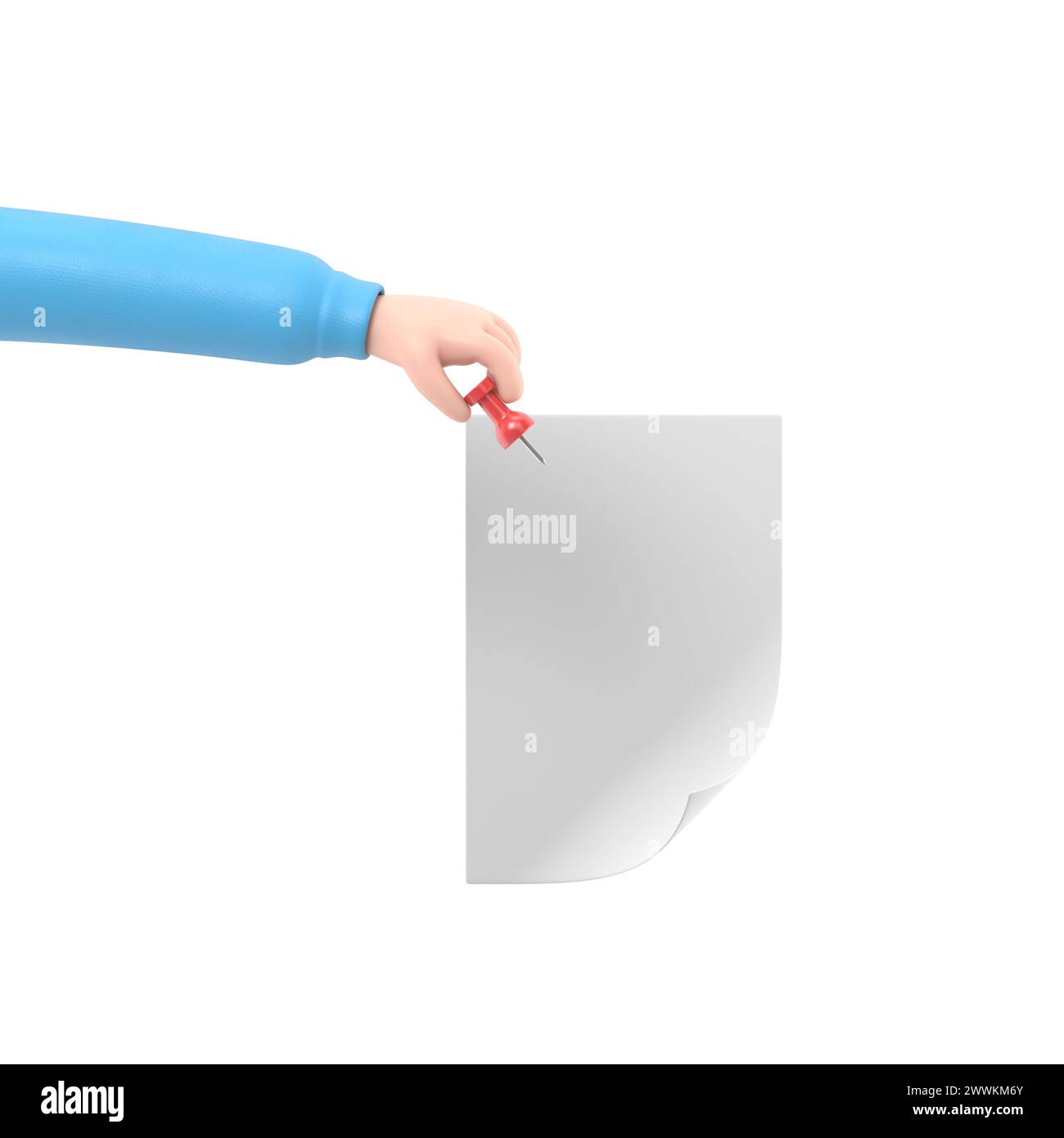 Paper push pins. Thumbtack in hand man. Empty white sheet. 3D ...