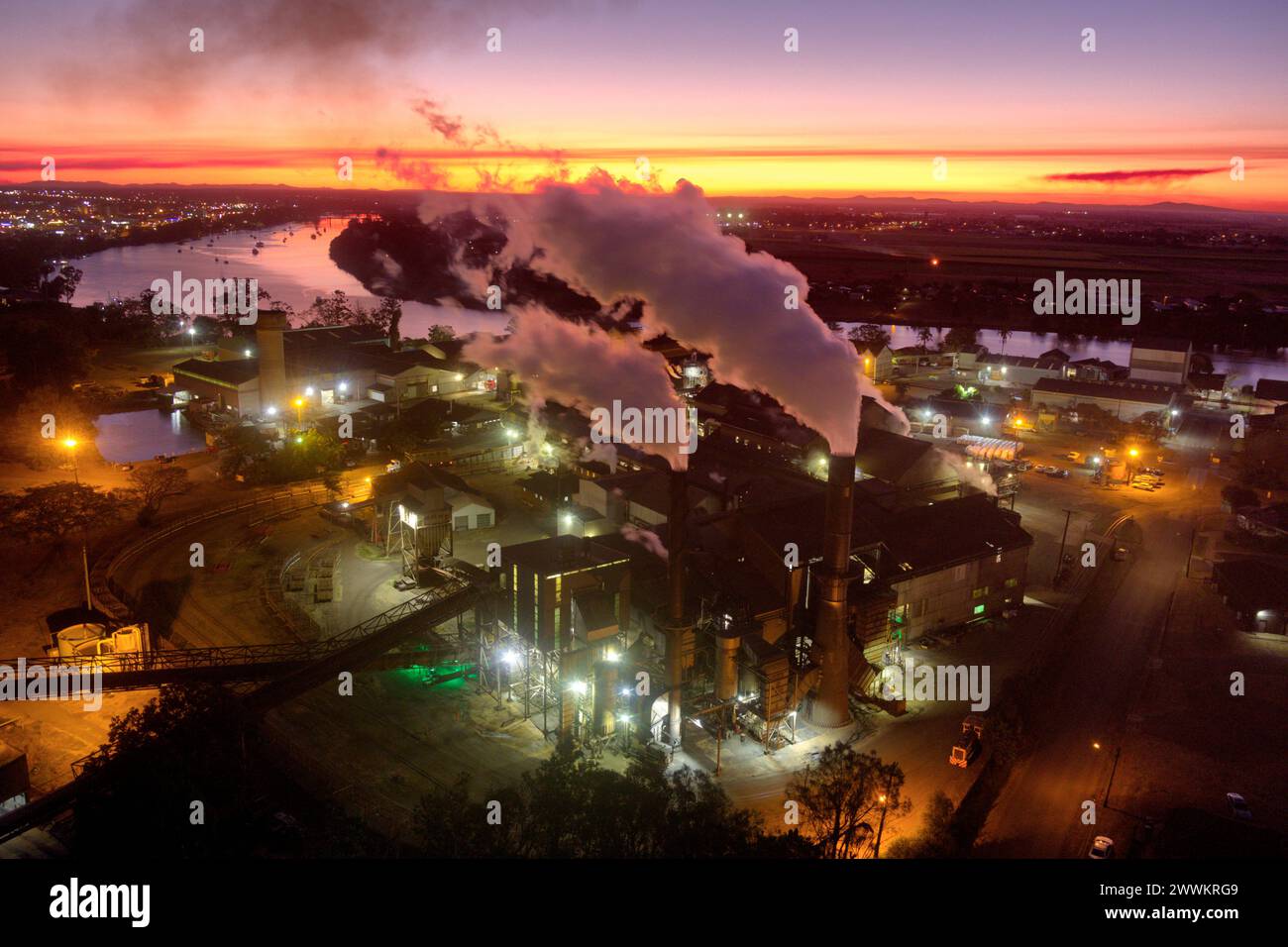 Aerial of Millaquin Sugar Mill on the banks of the Burnett River ...