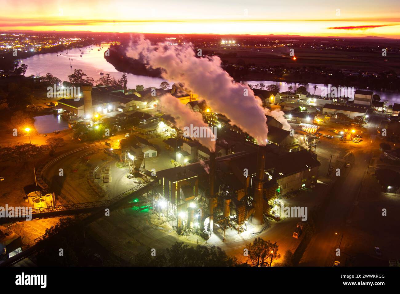 Aerial of Millaquin Sugar Mill on the banks of the Burnett River ...