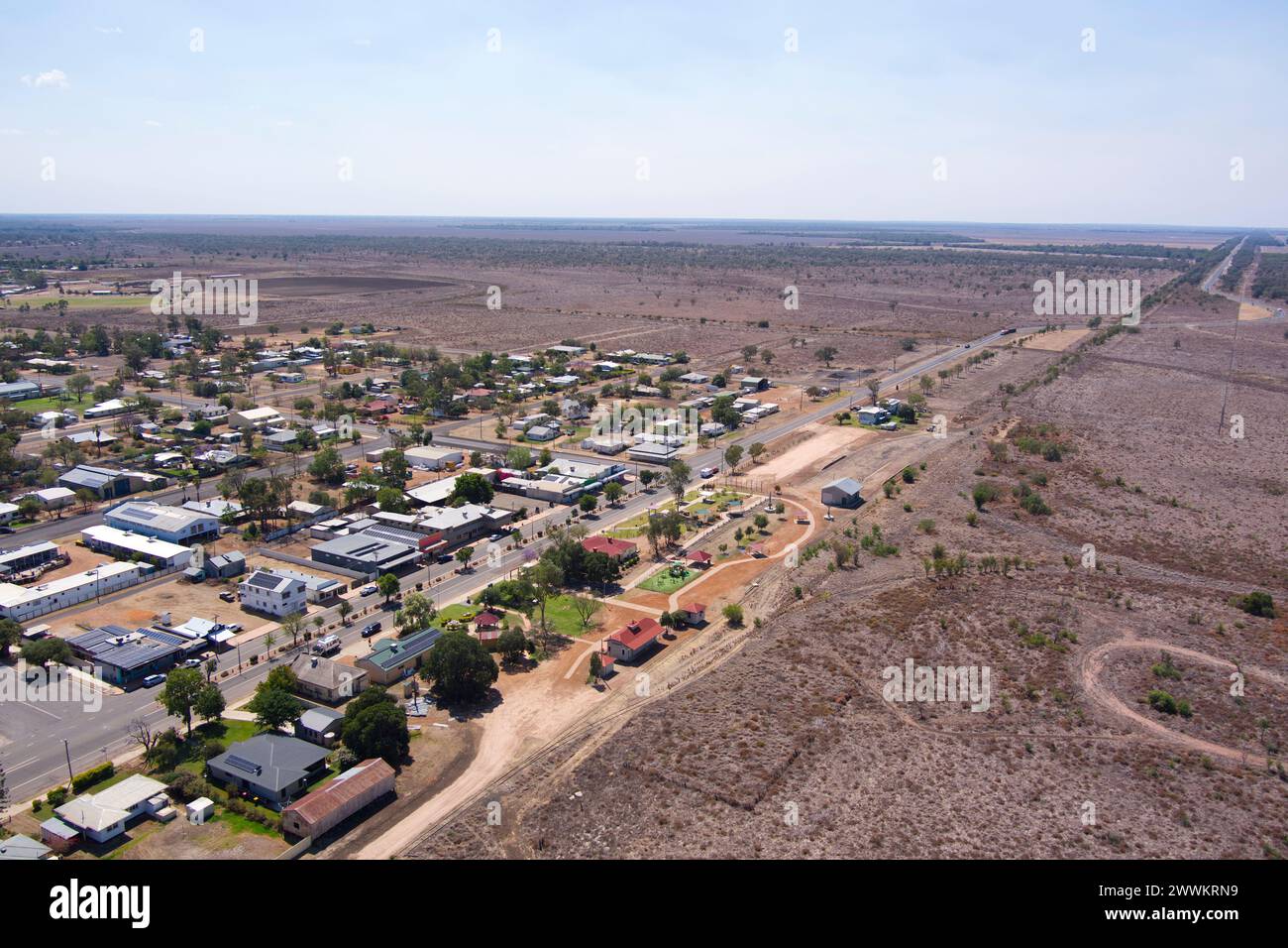 Aerial of the remote village of Dirranbandi Lower Western Queensland ...