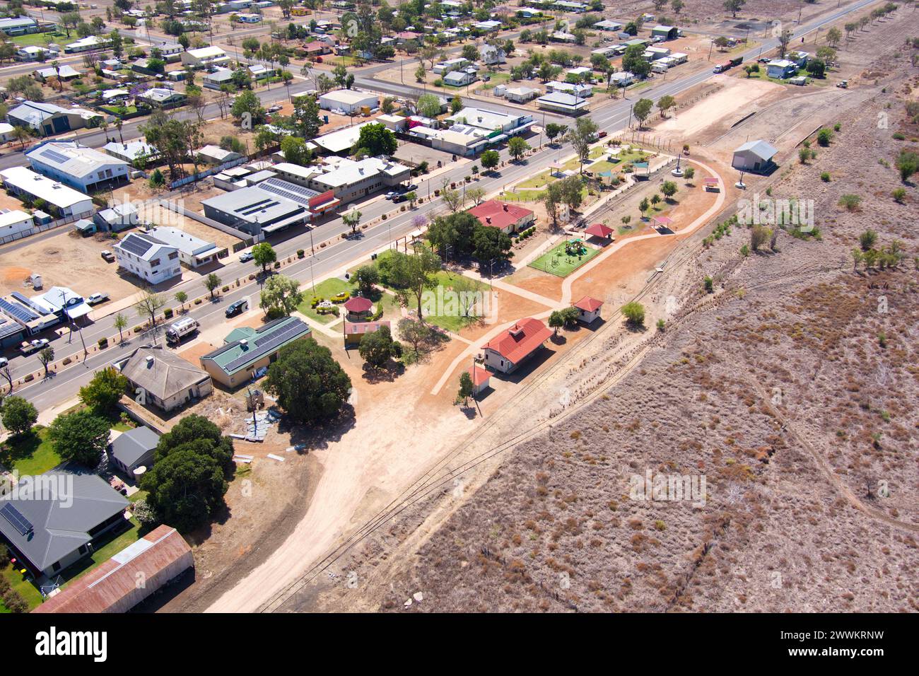 Aerial of the remote village of Dirranbandi Lower Western Queensland ...