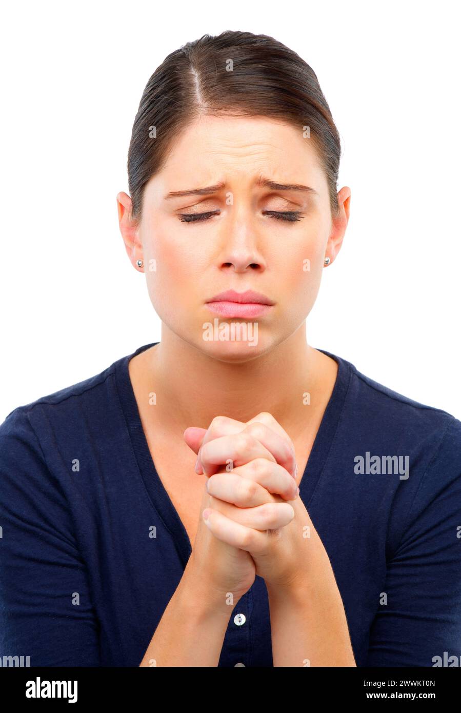 Praying, hands and sad woman in studio with prayer for hope, help or ...