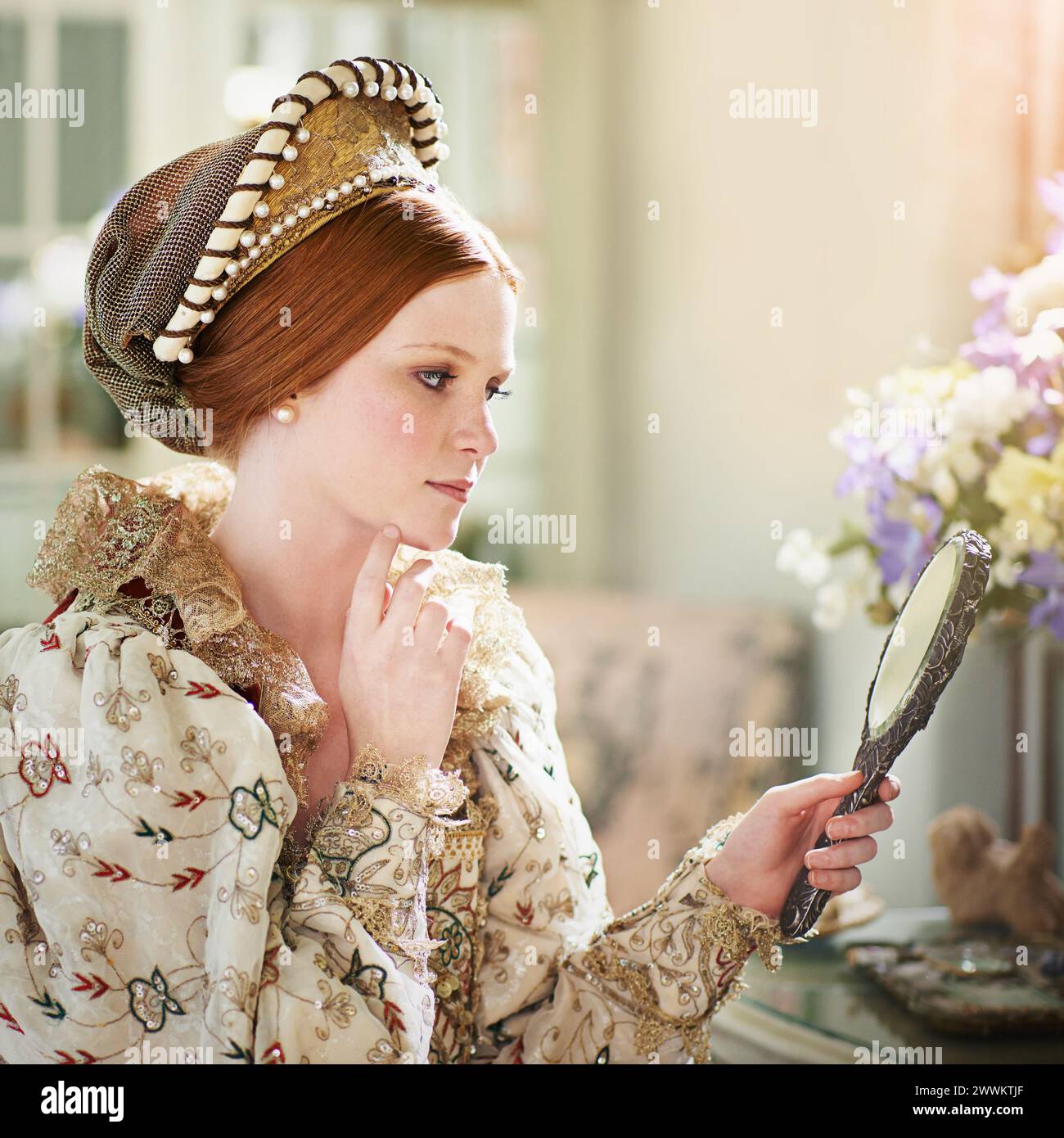 Thinking, medieval and woman mirror in a home with queen, renaissance ...