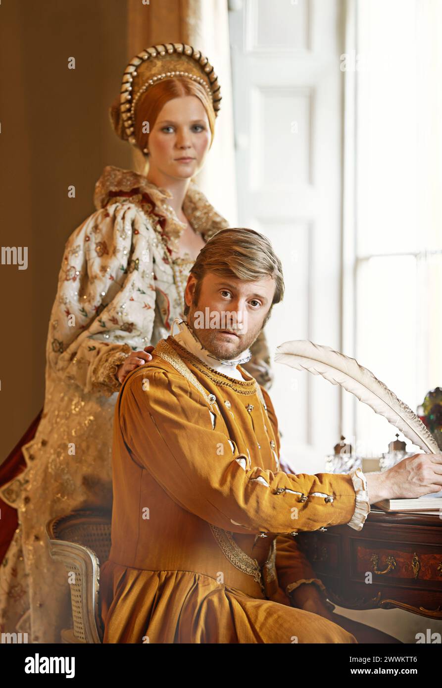 Medieval, couple and portrait with letter writing at home with ...