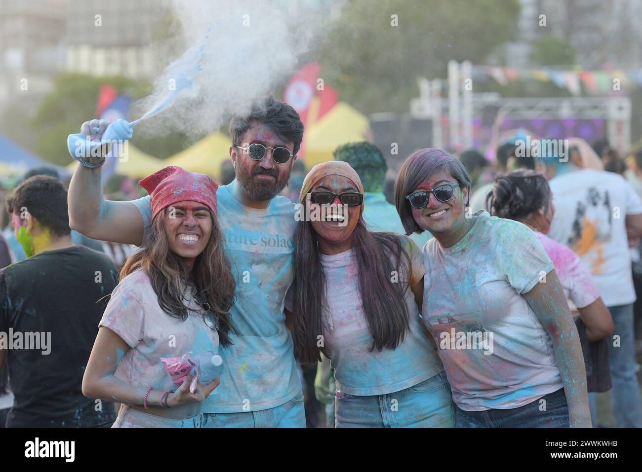 Indian and Nepalian people celebrating Festival of colors Holi at ...