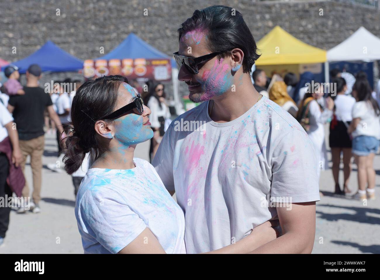 Indian and Nepalian people celebrating Festival of colors Holi at ...