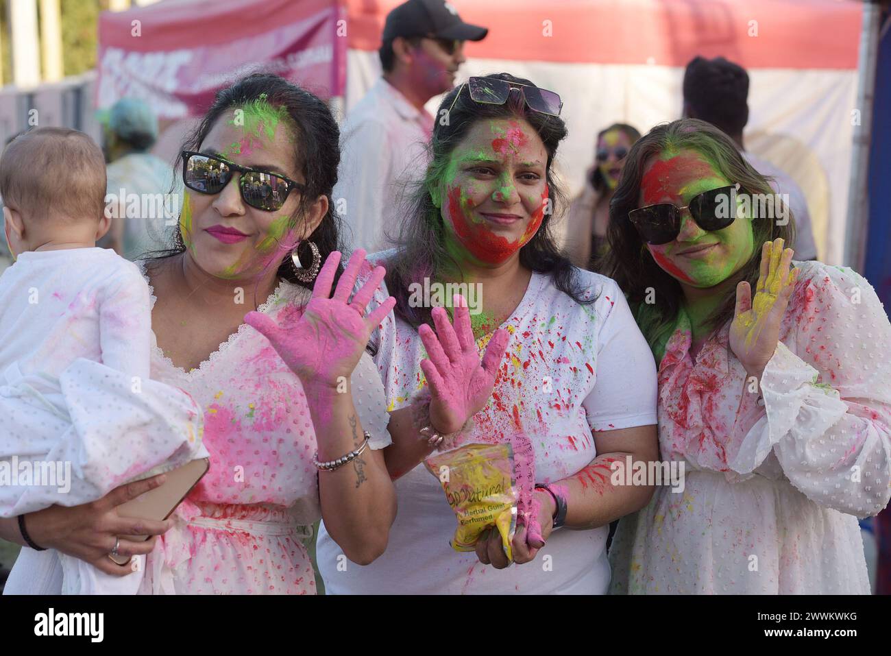 Indian and Nepalian people celebrating Festival of colors Holi at ...