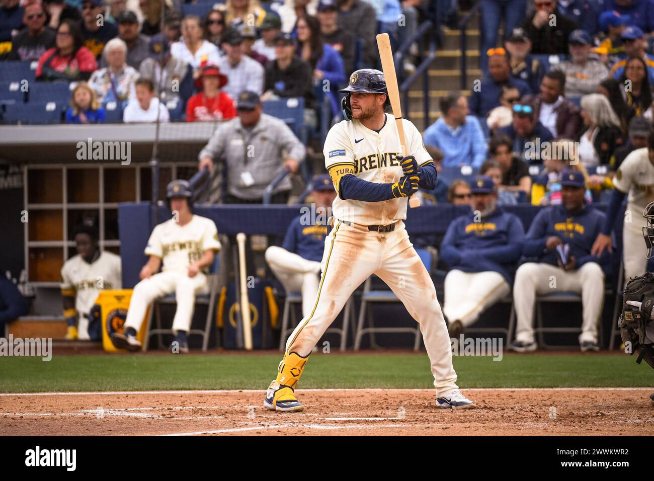 Milwaukee Brewers second baseman Brice Turang (2) stands in the batters ...