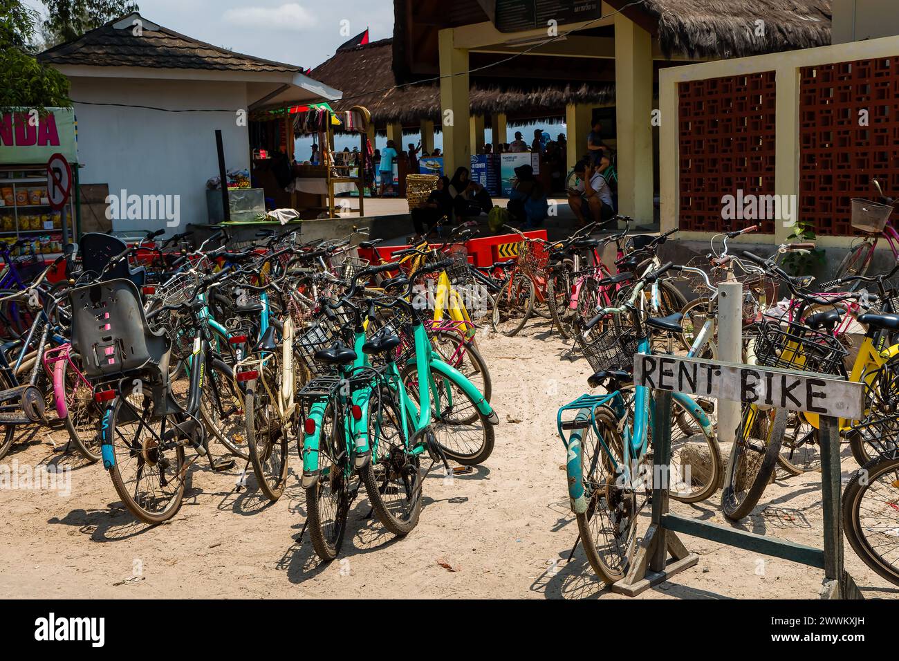 Rental bicycles near the main harbour on the small island of Gili Air ...