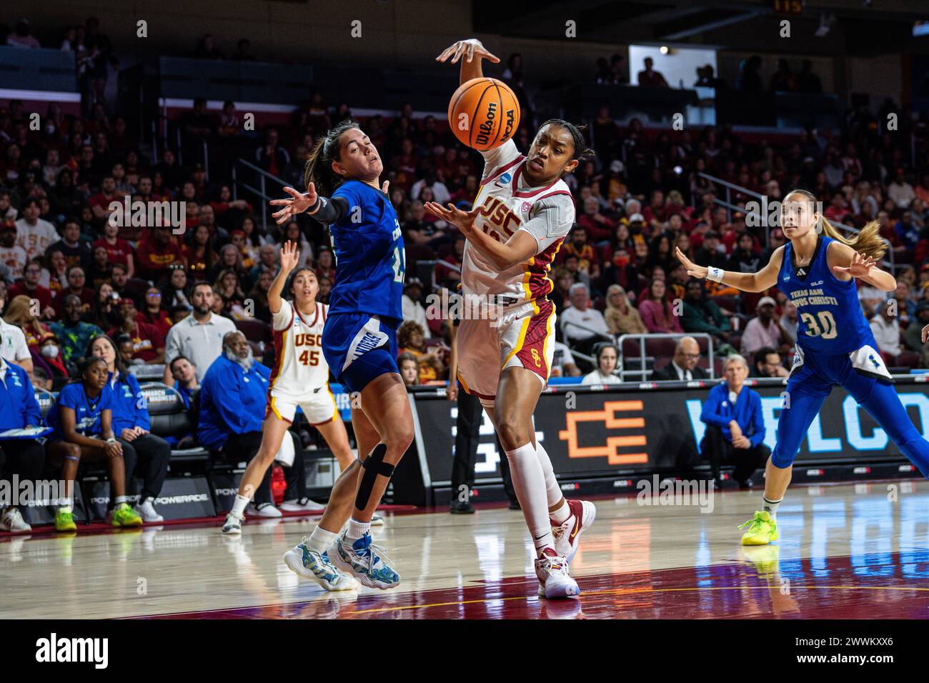 USC Trojans center Rayah Marshall (13) gains possession against Texas A ...