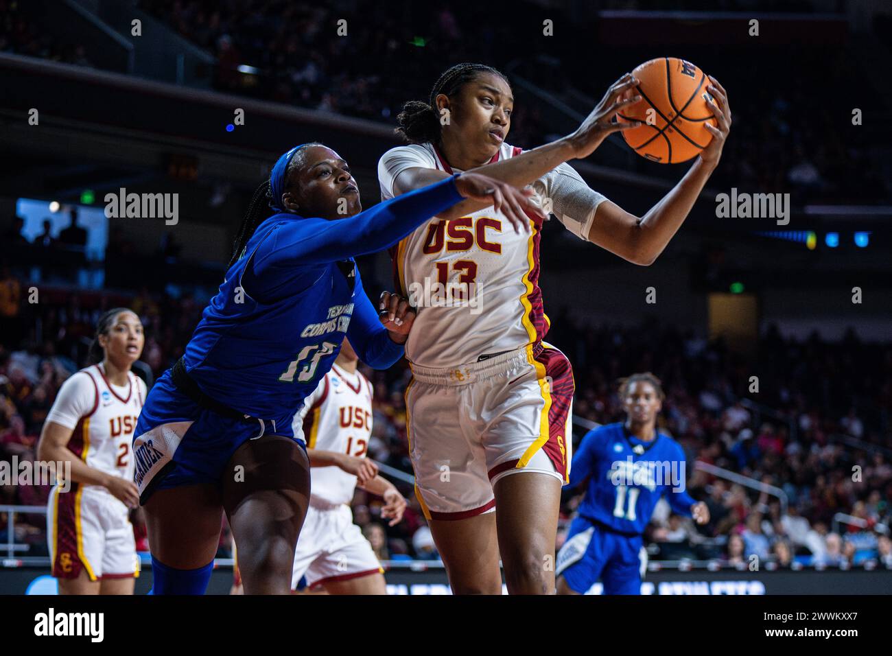 USC Trojans center Rayah Marshall (13) is defended by Texas A&M-CC ...