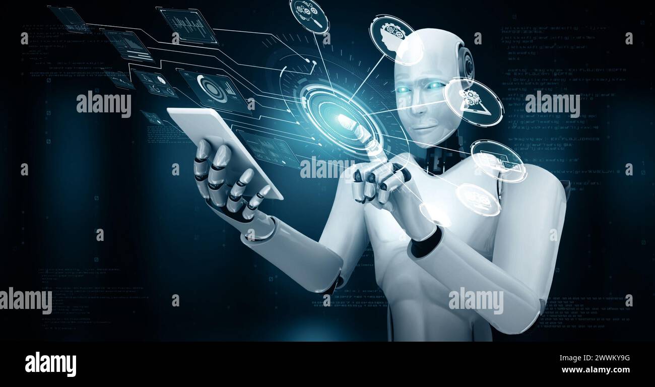 XAI 3d illustration Robot hominoid use mobile phone or tablet for big data analytic using AI ...