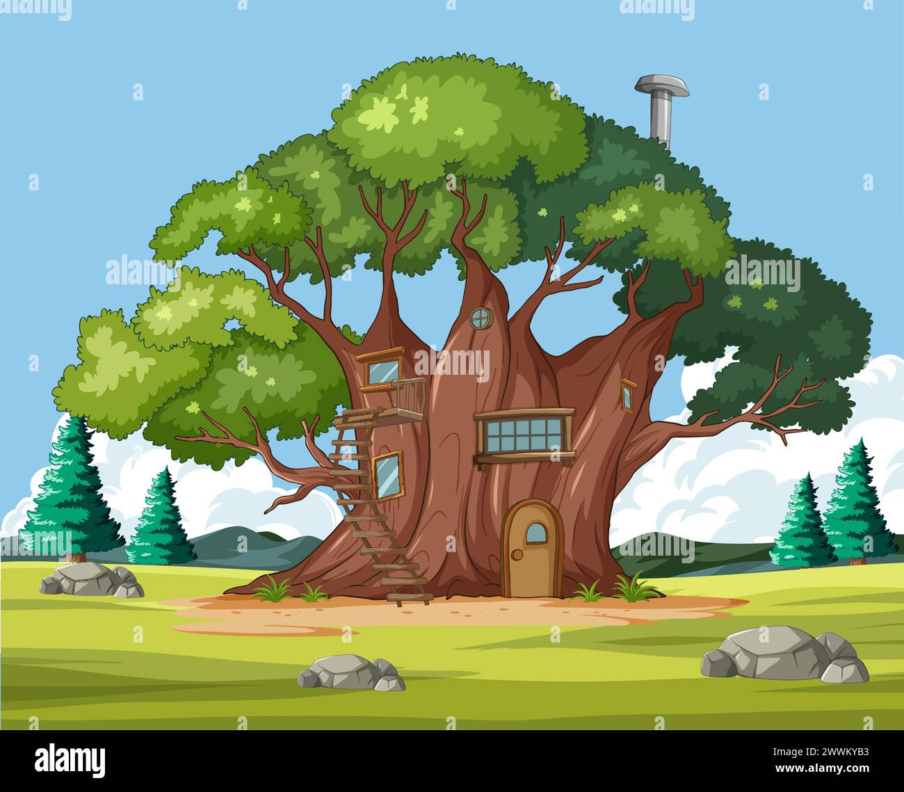 Vector illustration of a whimsical treehouse among trees Stock Vector ...