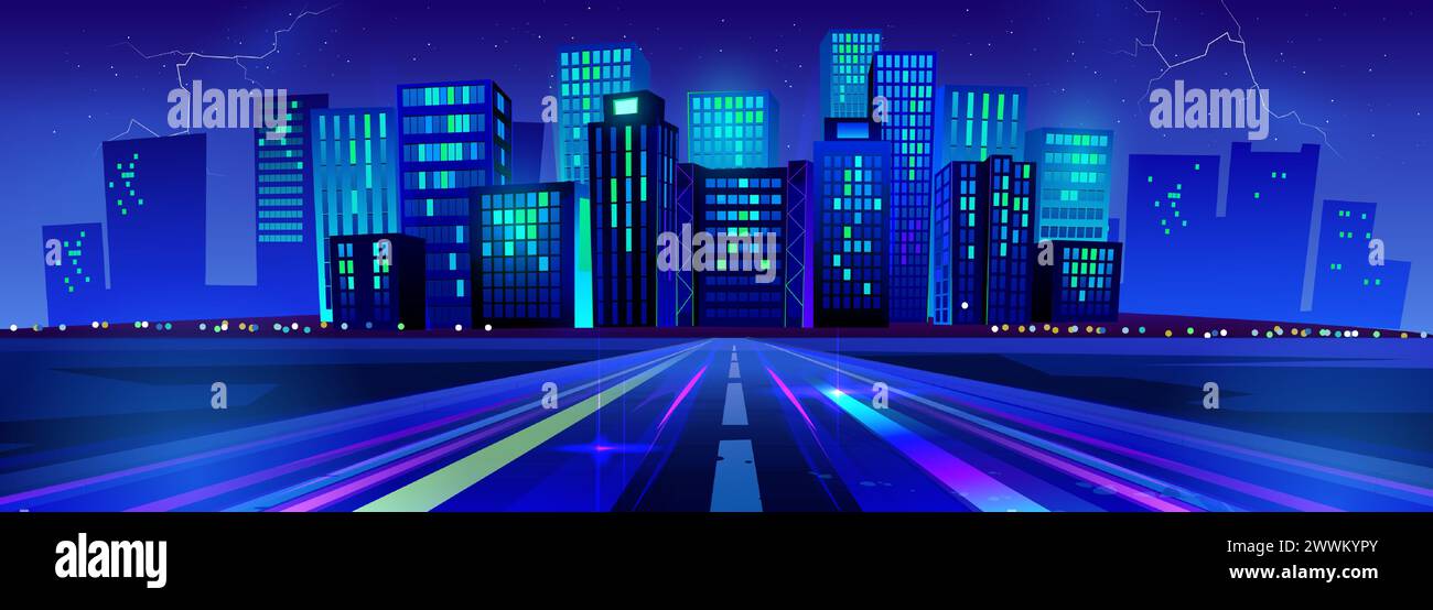 Night neon light from future city building on road background ...
