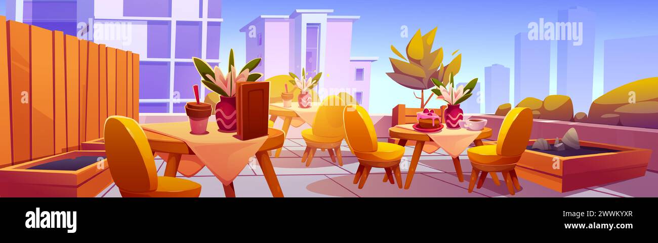 Rooftop cafe on sunny day. Vector cartoon illustration coffee and cake ...
