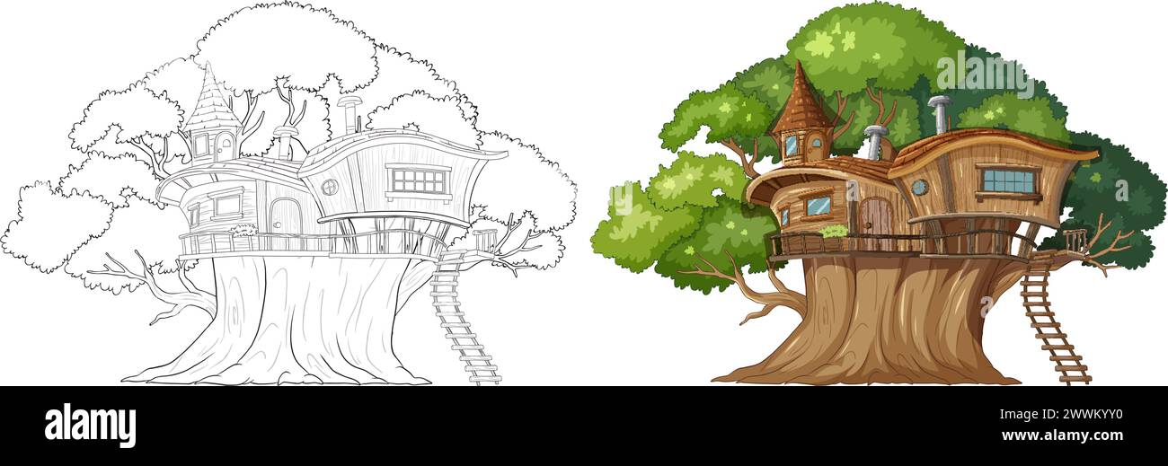 Illustration of a treehouse, artistic process from line art to color ...