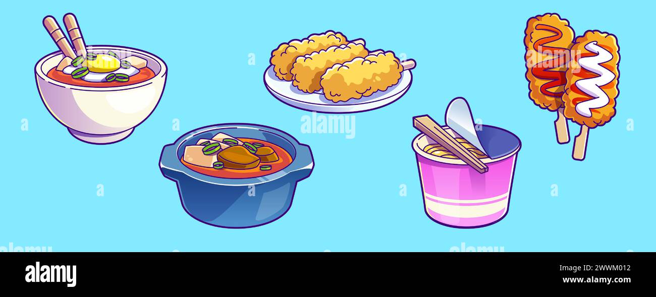 Korean traditional food set isolated on blue background. Vector cartoon ...