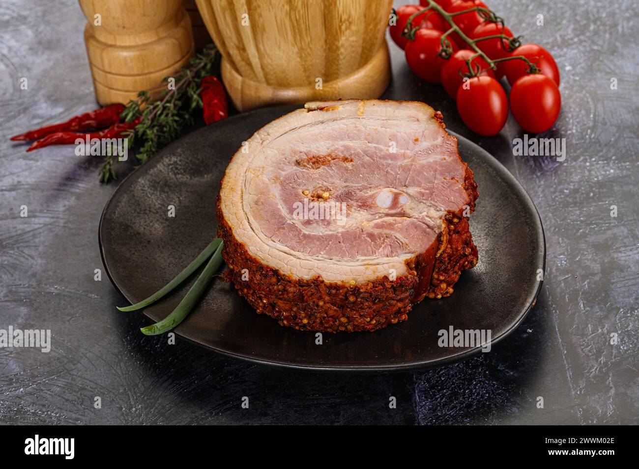 Tasty and fat smoked pork belly meat Stock Photo - Alamy