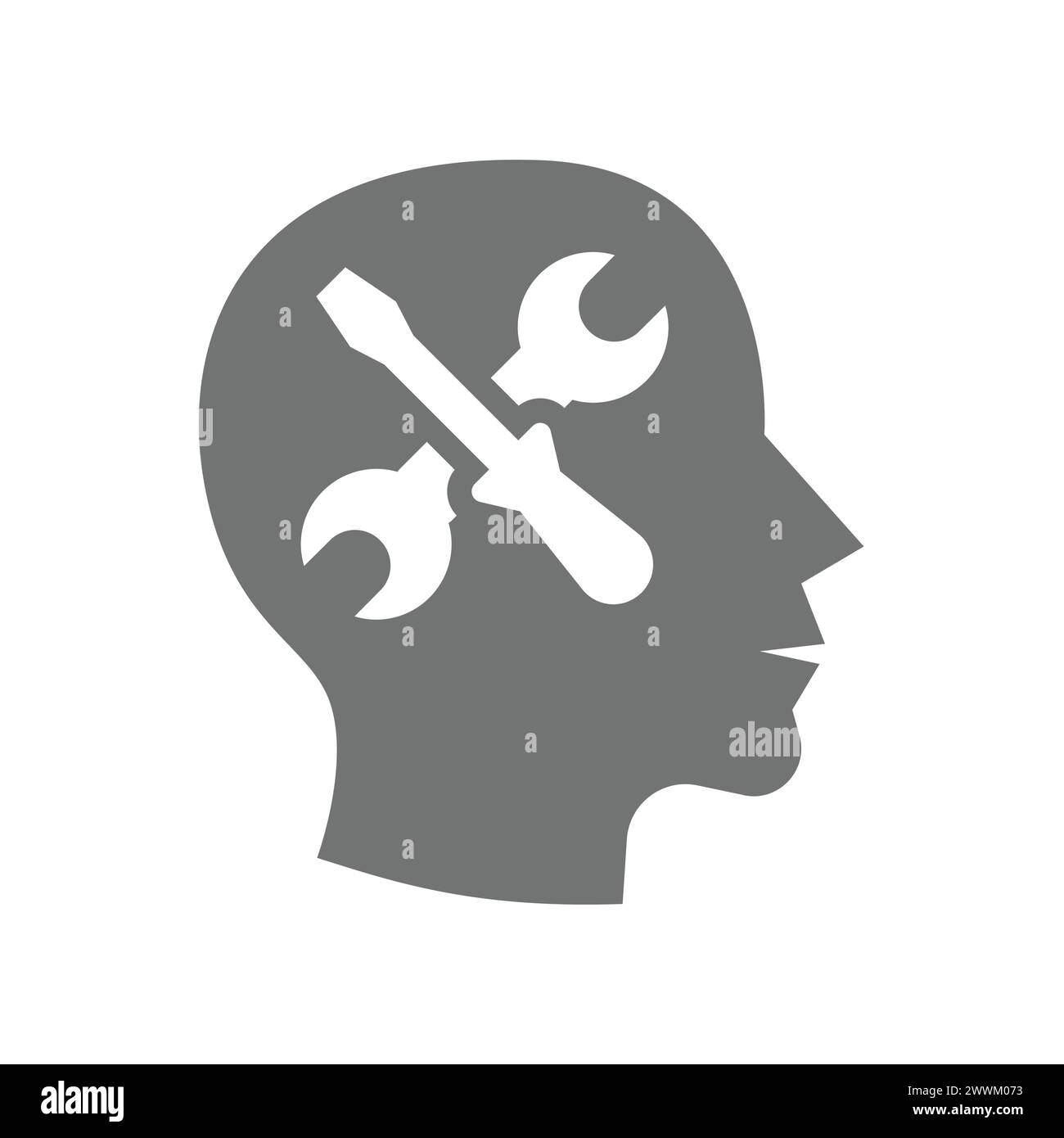 Human brain with screwdriver and wrench icon. Intelligence, brain and ...