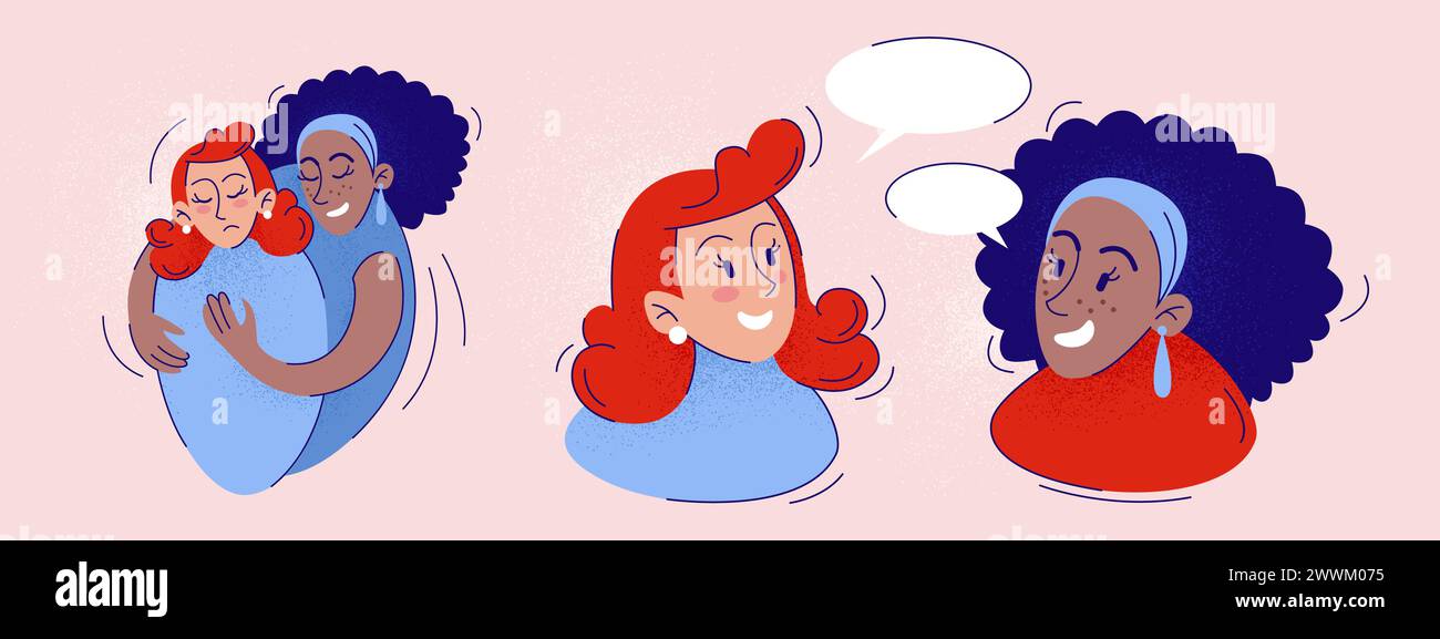 Friend support and empathy concept - two women talk with empty speech ...