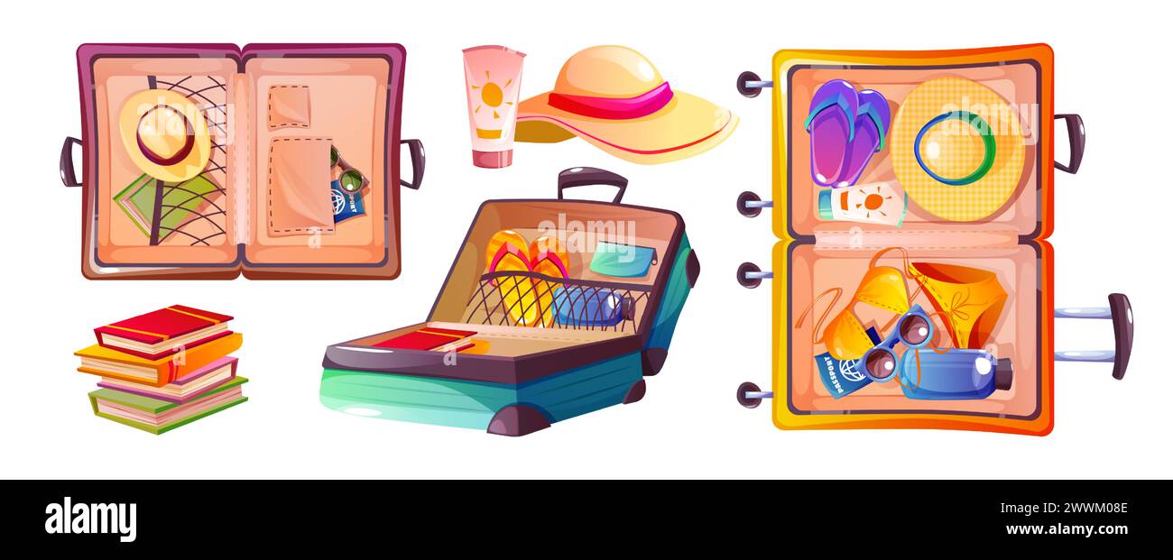 Open suitcase with summer travel and beach vacation female clothes ...