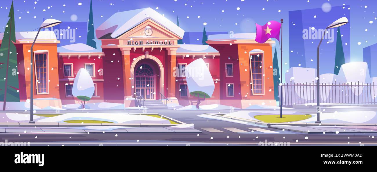 High school building covered with snow at winter. Cartoon snowy city ...