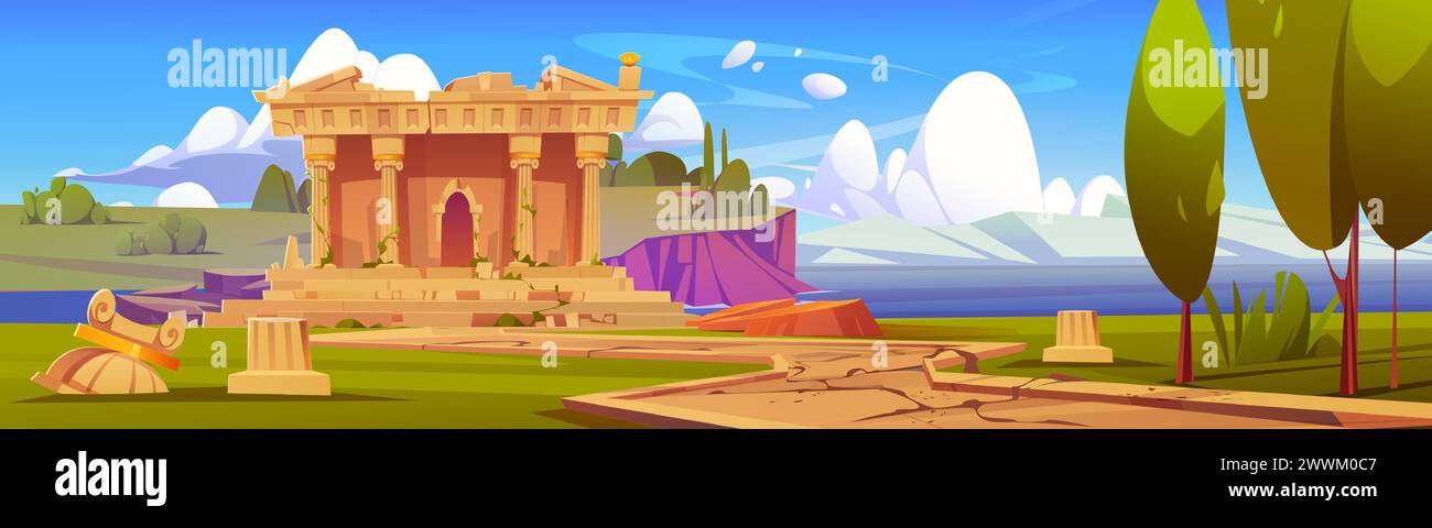 Destroyed ancient greek temple on summer landscape. Vector cartoon ...