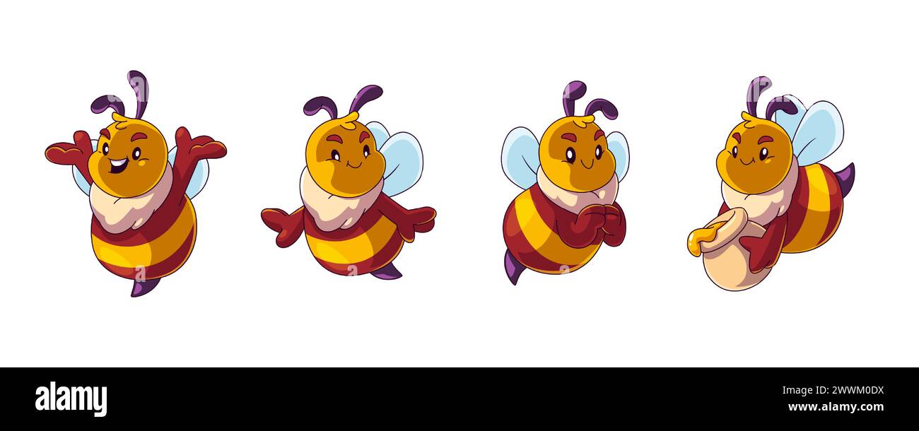 Cute and funny baby bee mascot cartoon vector set. Happy animal ...