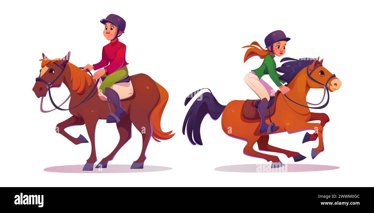 Horse rider man and woman in equipment. Cartoon vector illustration set ...