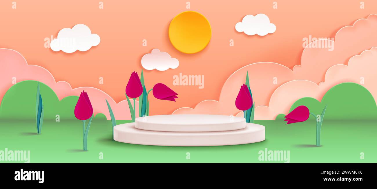 White cylinder product podium in paper cut spring or summer landscape ...