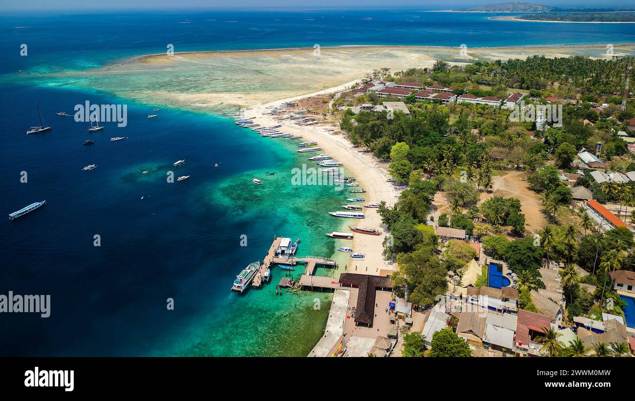 Aerial view of the harbour, port and boats of the tiny tourist island ...