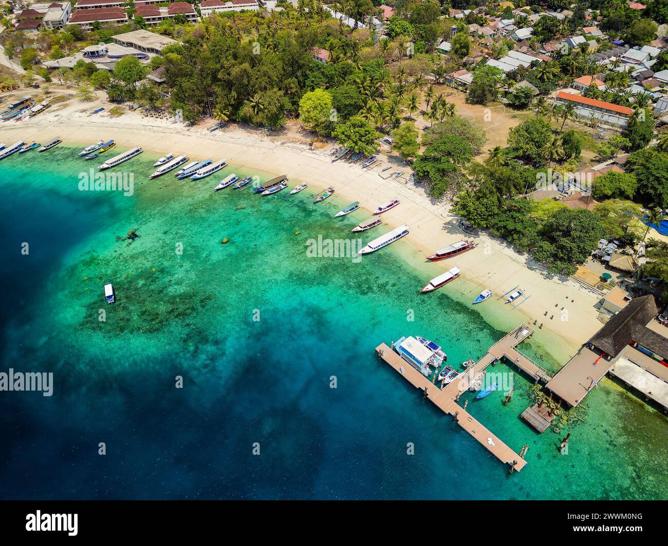 Lines of traditional wooden boats on the beach of a small tropical ...