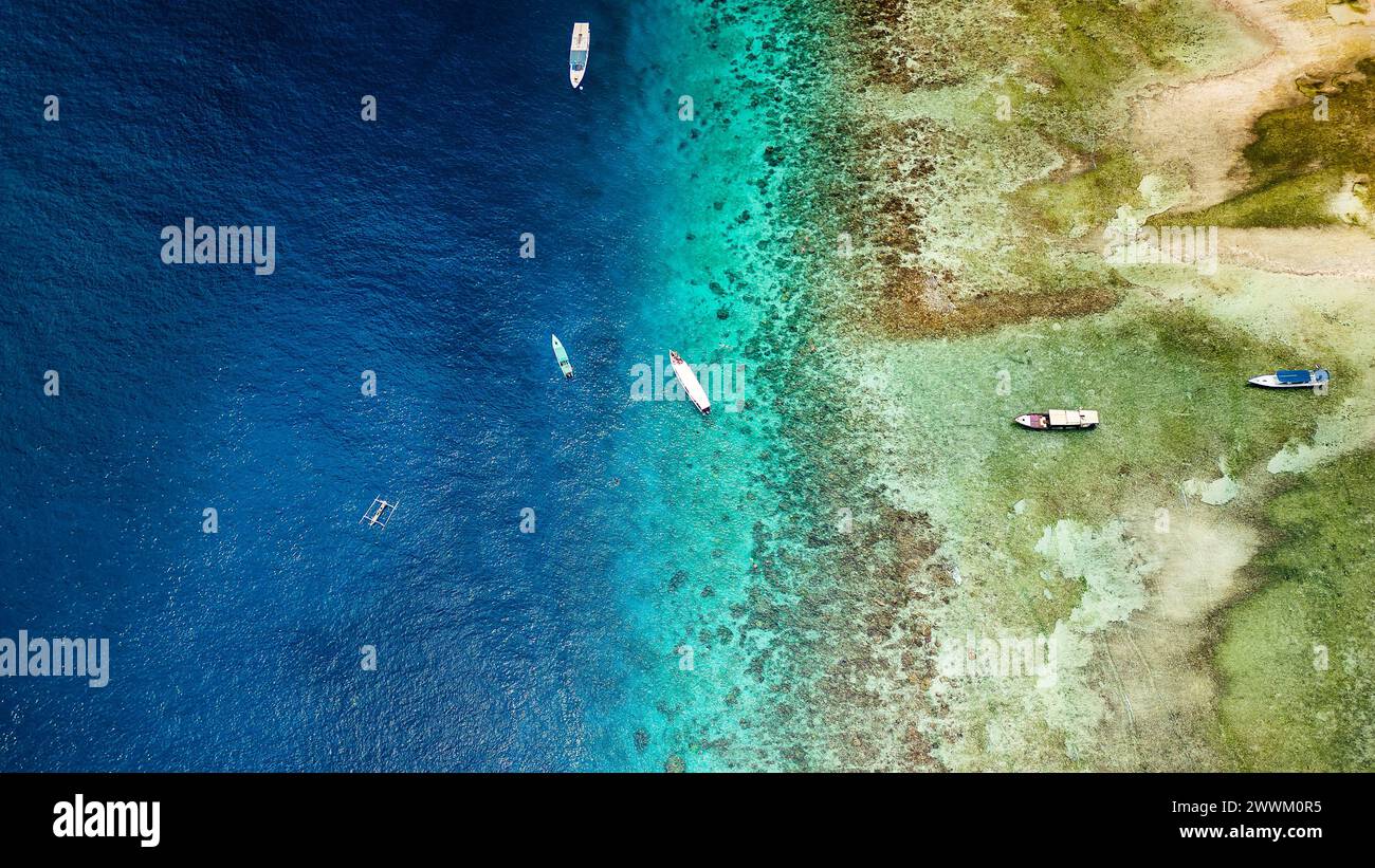 Aerial view of traditional outrigger boats with snorkelers and swimmers ...