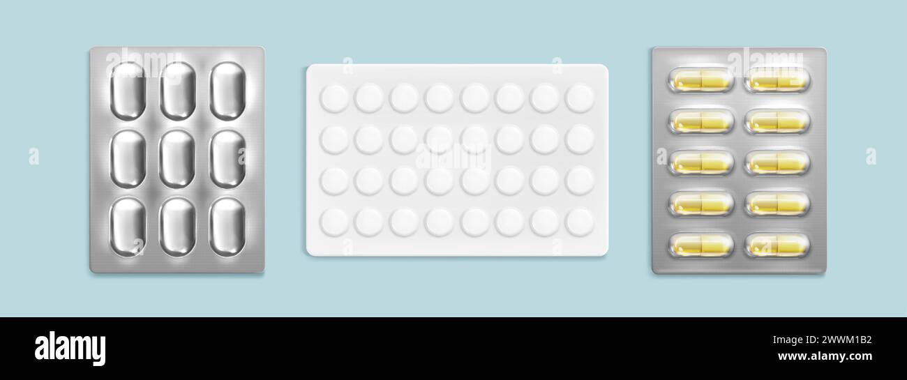Pill blister with medicines. Realistic 3d vector mockup set of foil ...