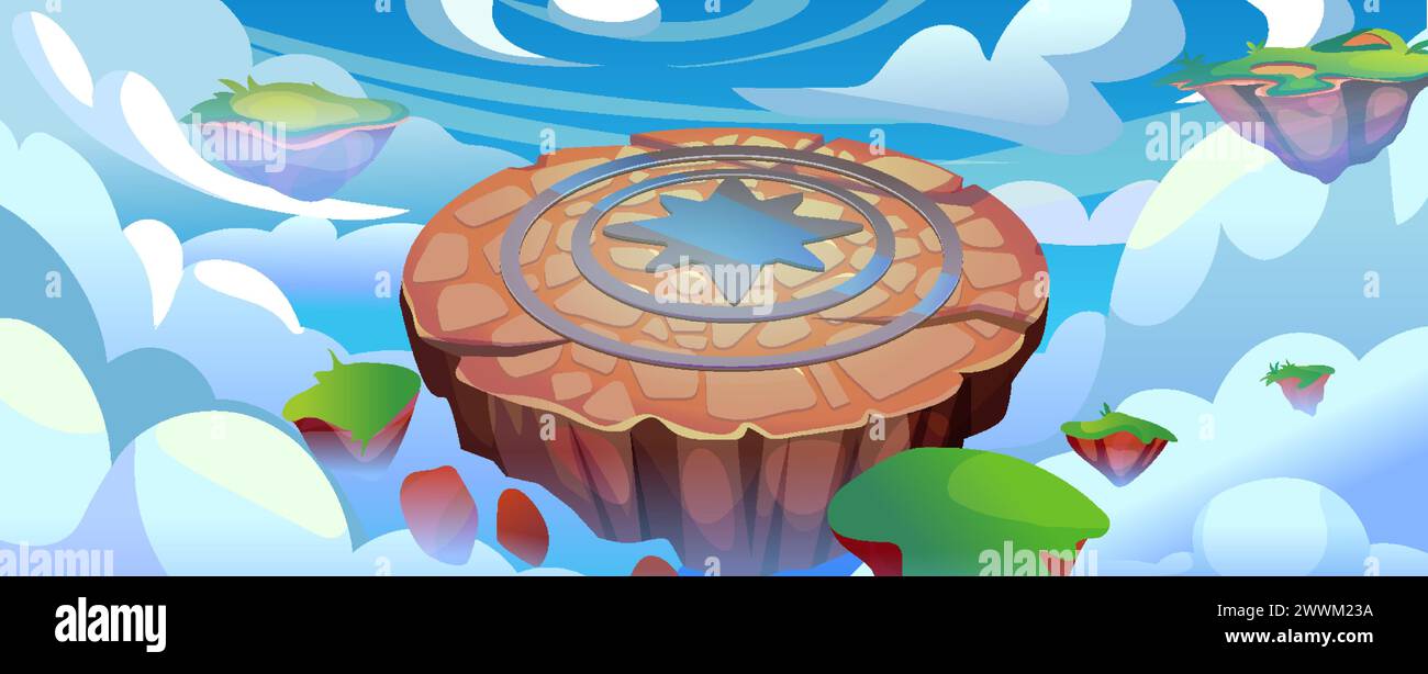 Cartoon floating game arena in sky with clouds ui background. Flying ...