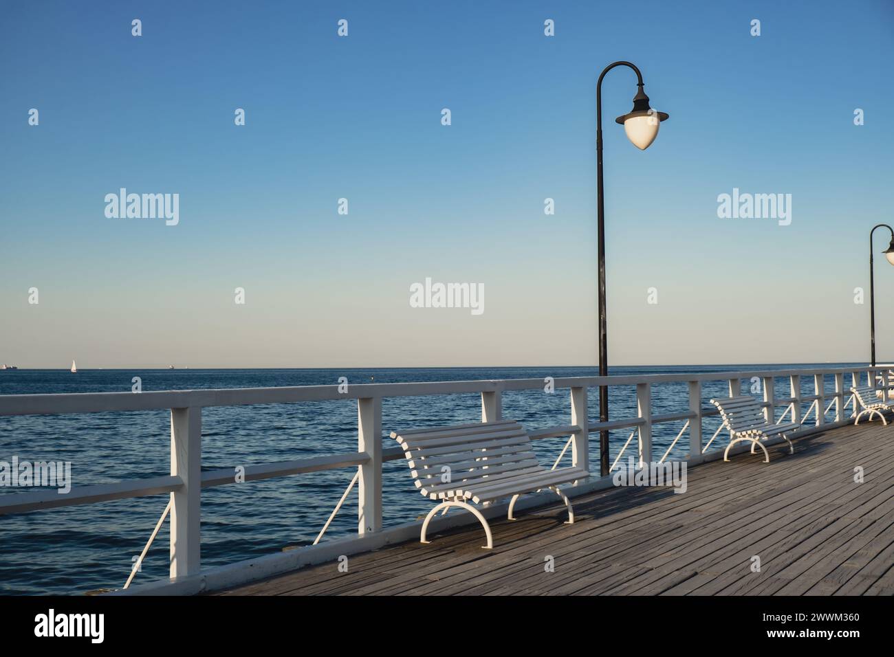 White Old wood bridge pier against beautiful sunset sky natural ...