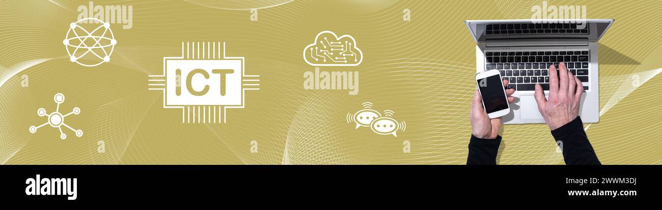 Top view of hands using laptop and mobile phone with symbol of ict ...