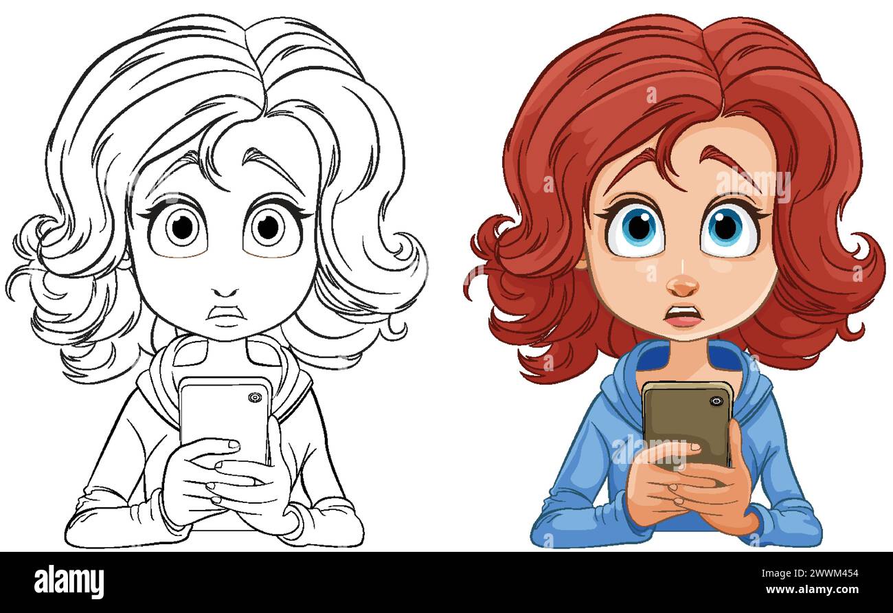 Colorful and line art illustrations of a startled girl with a phone ...
