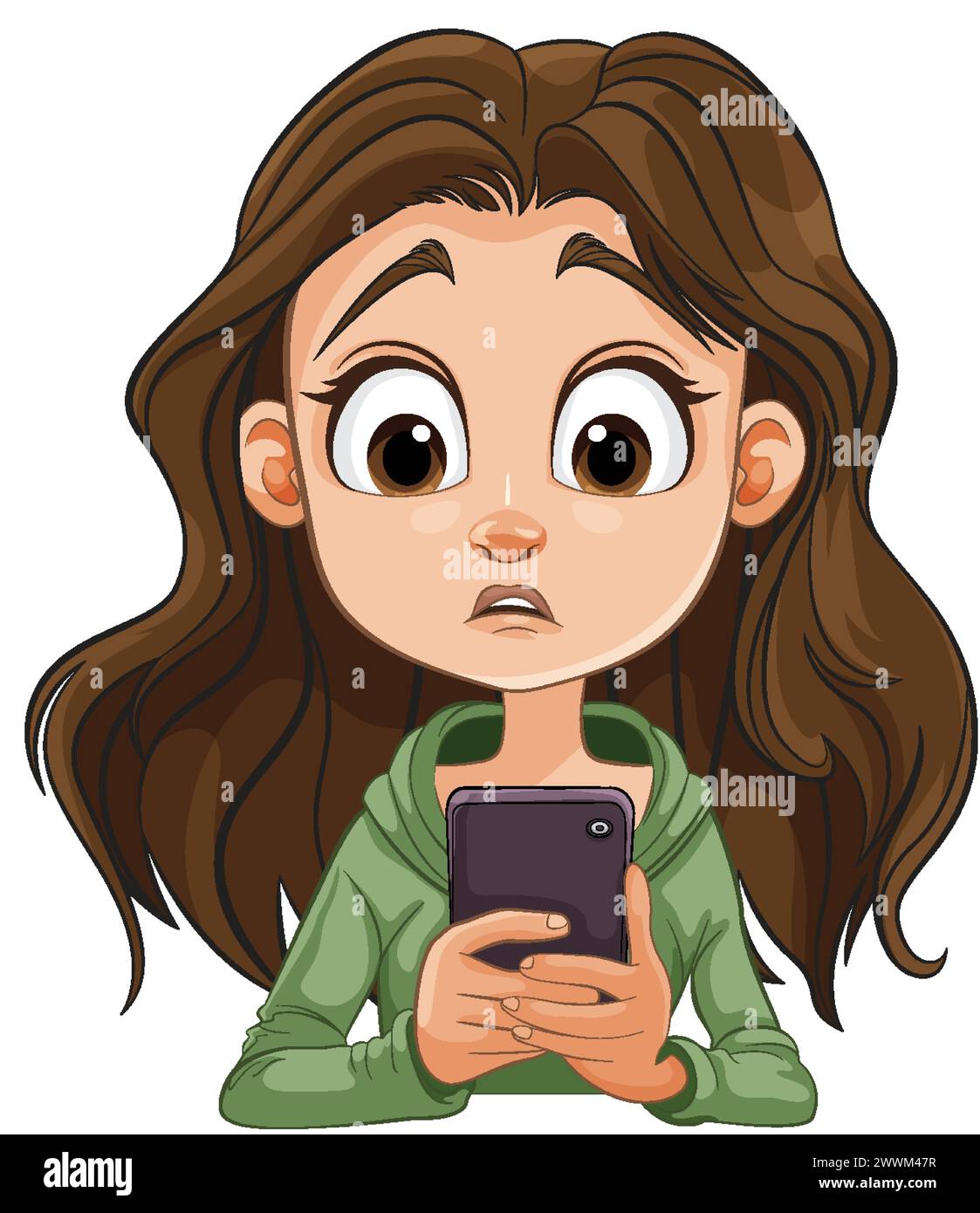 Cartoon of a girl with wide eyes holding a phone Stock Vector Image ...