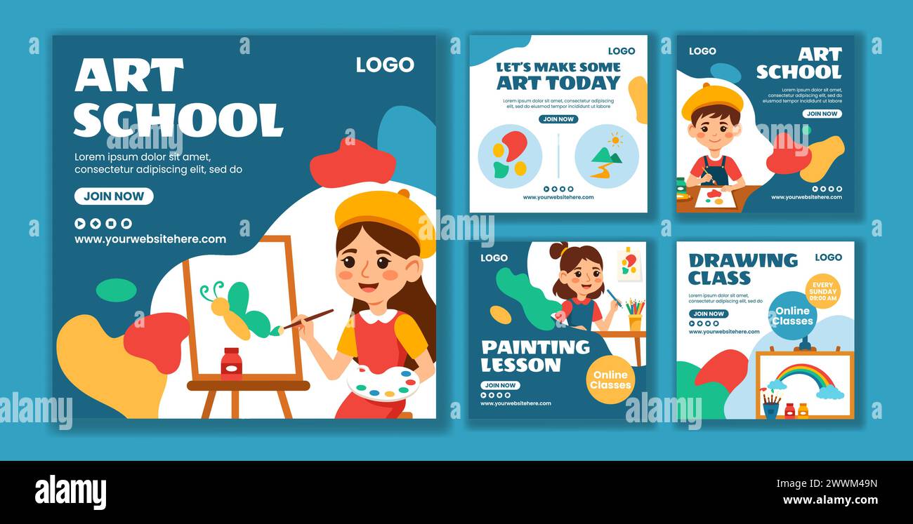 Art School Social Media Post Flat Cartoon Hand Drawn Templates ...
