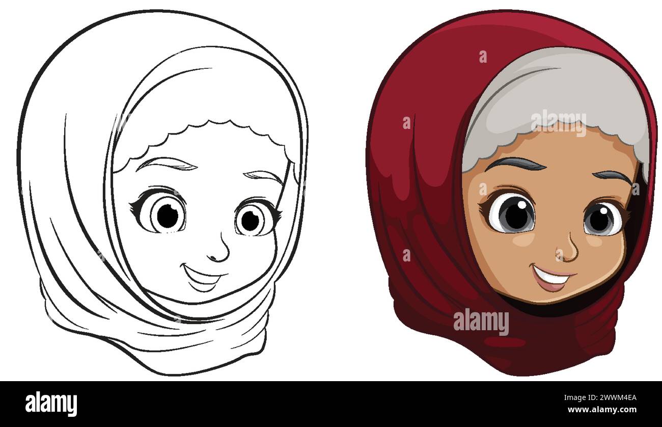 Colorful and line art illustrations of a cheerful girl Stock Vector ...