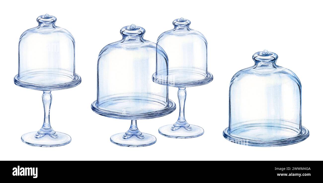 Cloche glass cake stand watercolor drawing dome. Glassware dish set leg ...