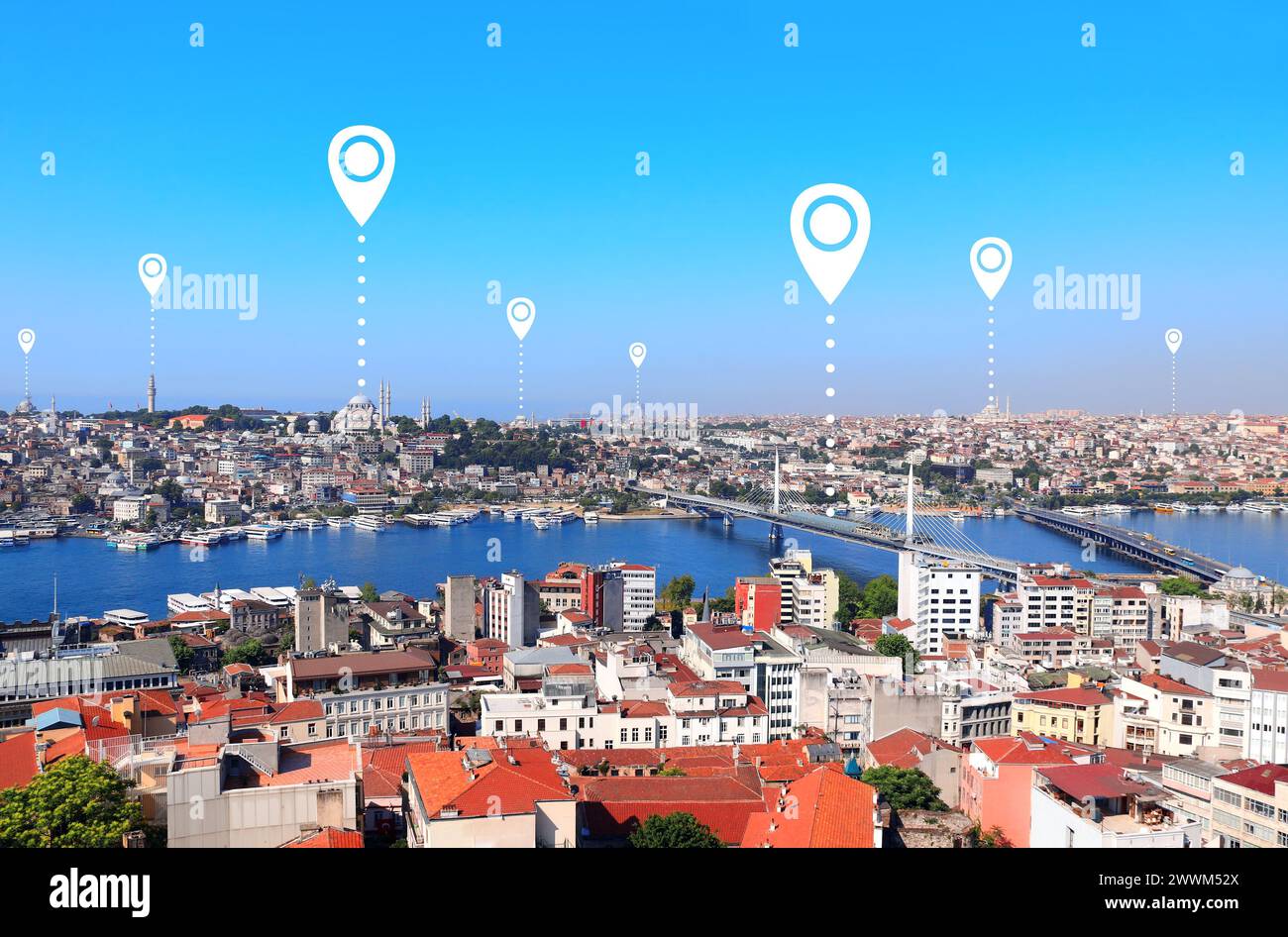 Network connection concept. Aerial view on Istanbul with location pin ...