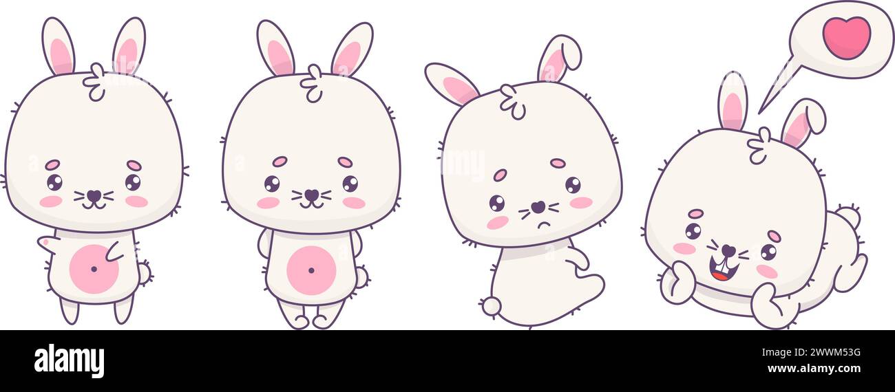 Collection cute rabbits. Funny white bunnies happy and sad, smiling, in ...