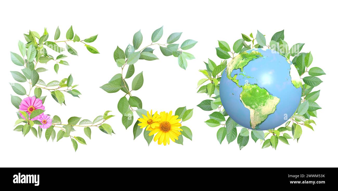 Earth day. Word eco made from branches with green leaves and planet ...